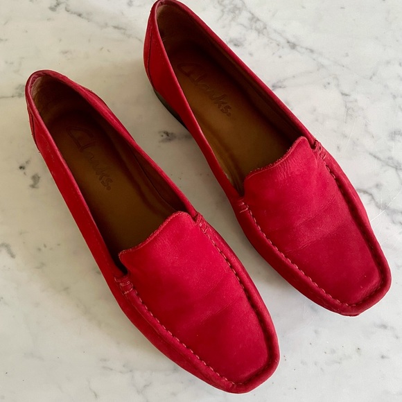 Clarks | Shoes | Clarks Red Suede Leather Loafers Shoes Size 7 2 N ...